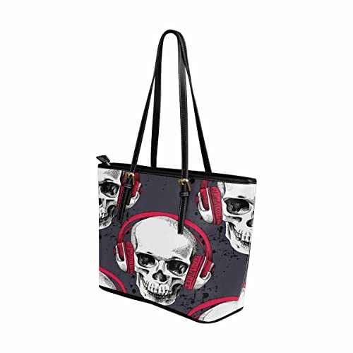 InterestPrint A Skull In Headphones Women's Tote Bag Leather Shoulder Bag Handbags