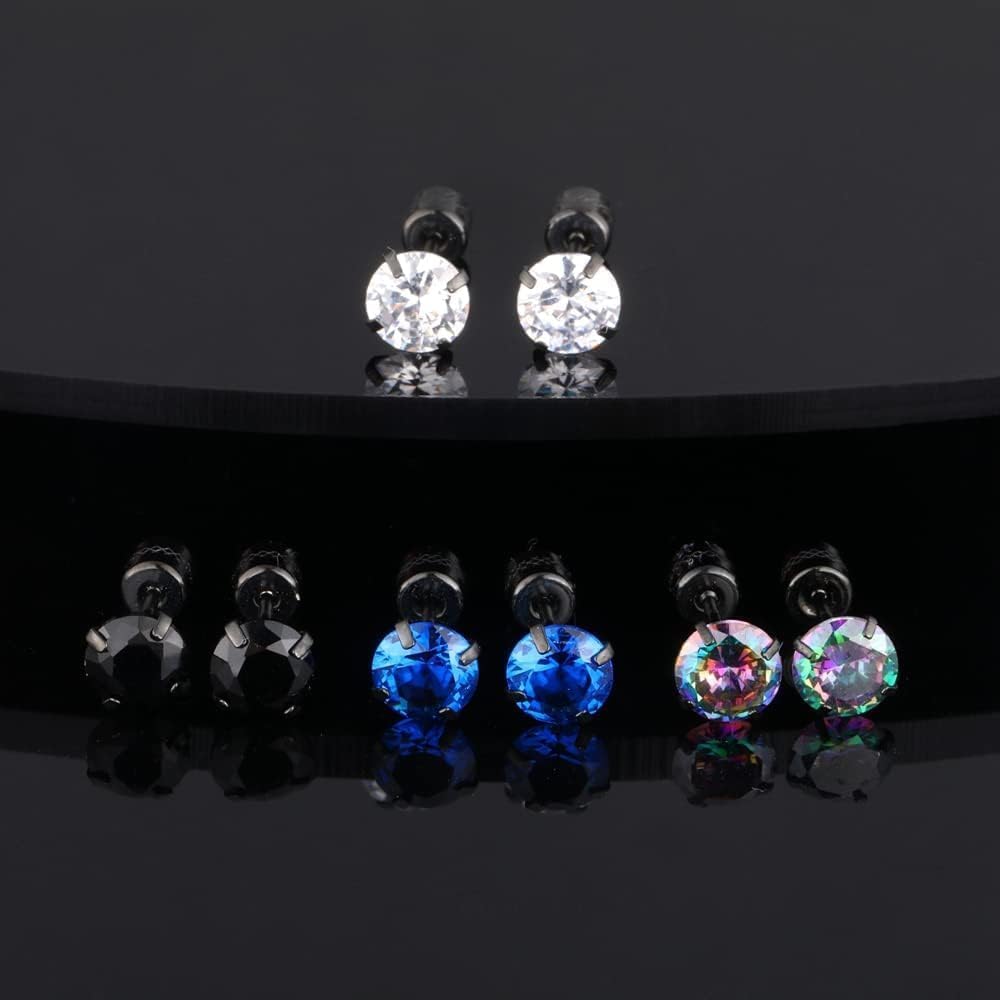 Hopply 4 Pairs Titanium Screw Back Surgical Stainless Steel Earrings for Women Men,Rainbow 5A Cubic Zirconia Studs Double Side Earrings Piercing Sleeper Jewelry 6mm (A-Black Colorful CZ)