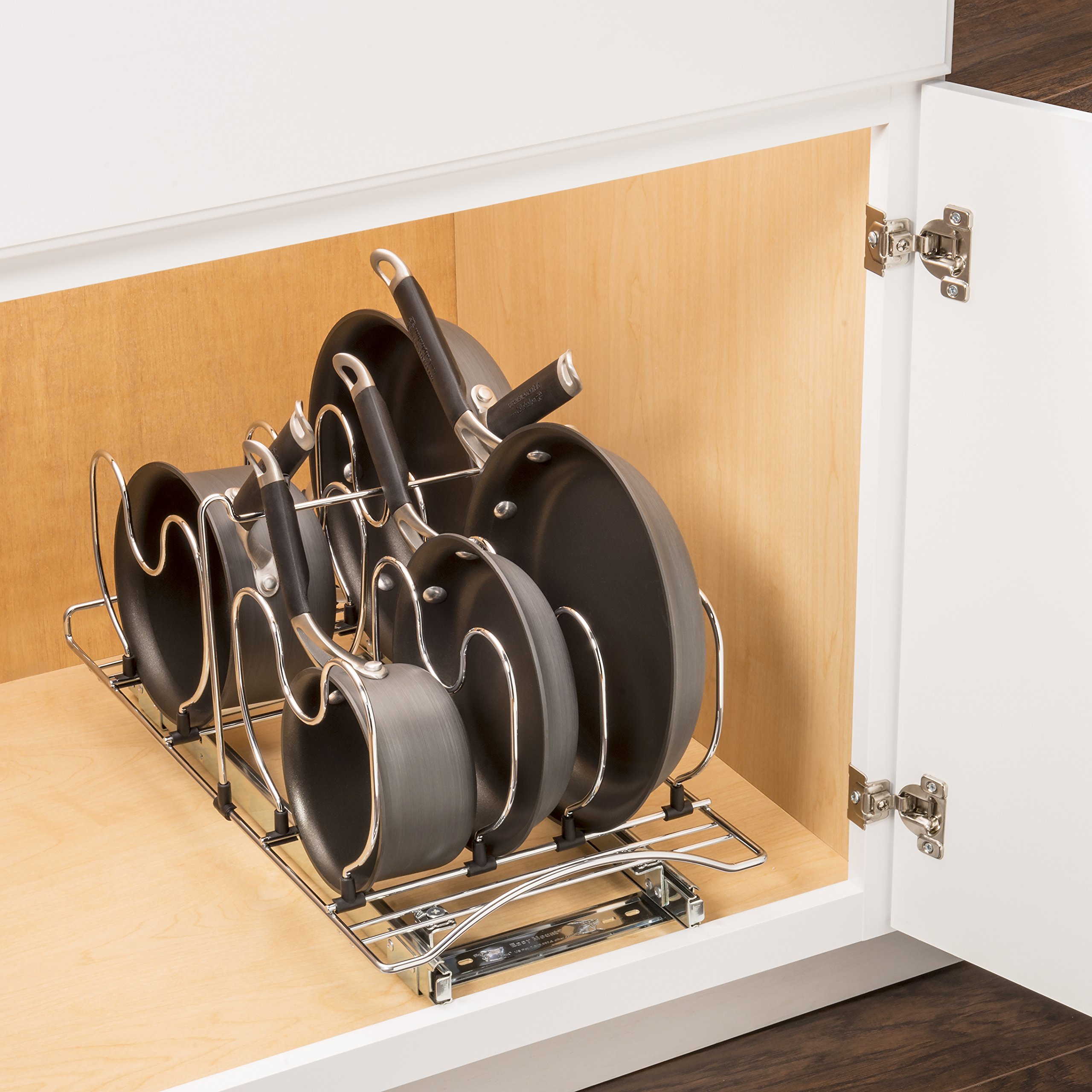 Lynk ProfessionalĀ® Pot and Pan Organizer for Cabinet - Pull Out Pan Organizer Rack - Slide Out Pans and Pots Lid Holder - Under Cabinet Kitchen Organization and Storage - 11" Wide x 21" Deep - Chrome