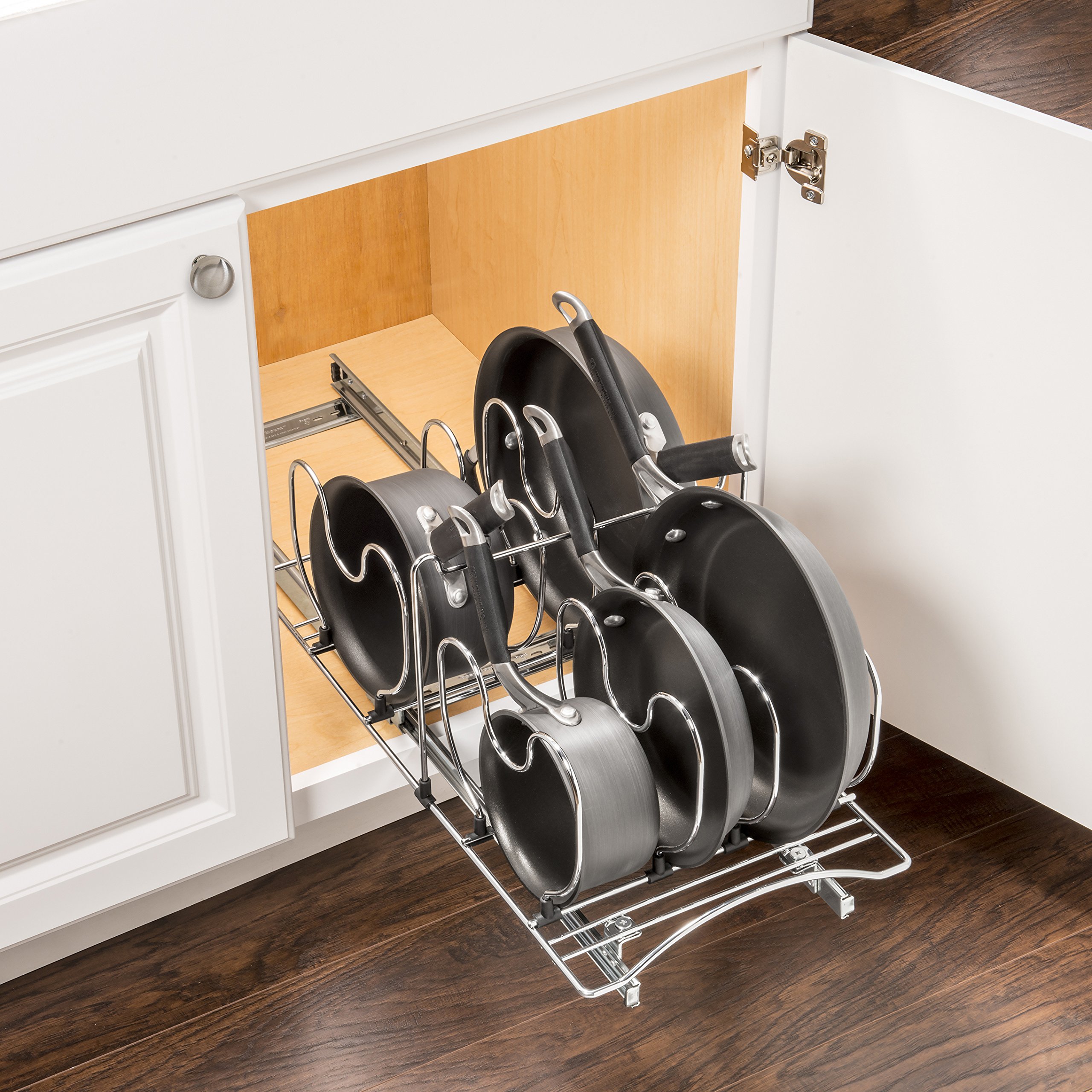 Lynk ProfessionalĀ® Pot and Pan Organizer for Cabinet - Pull Out Pan Organizer Rack - Slide Out Pans and Pots Lid Holder - Under Cabinet Kitchen Organization and Storage - 11" Wide x 21" Deep - Chrome