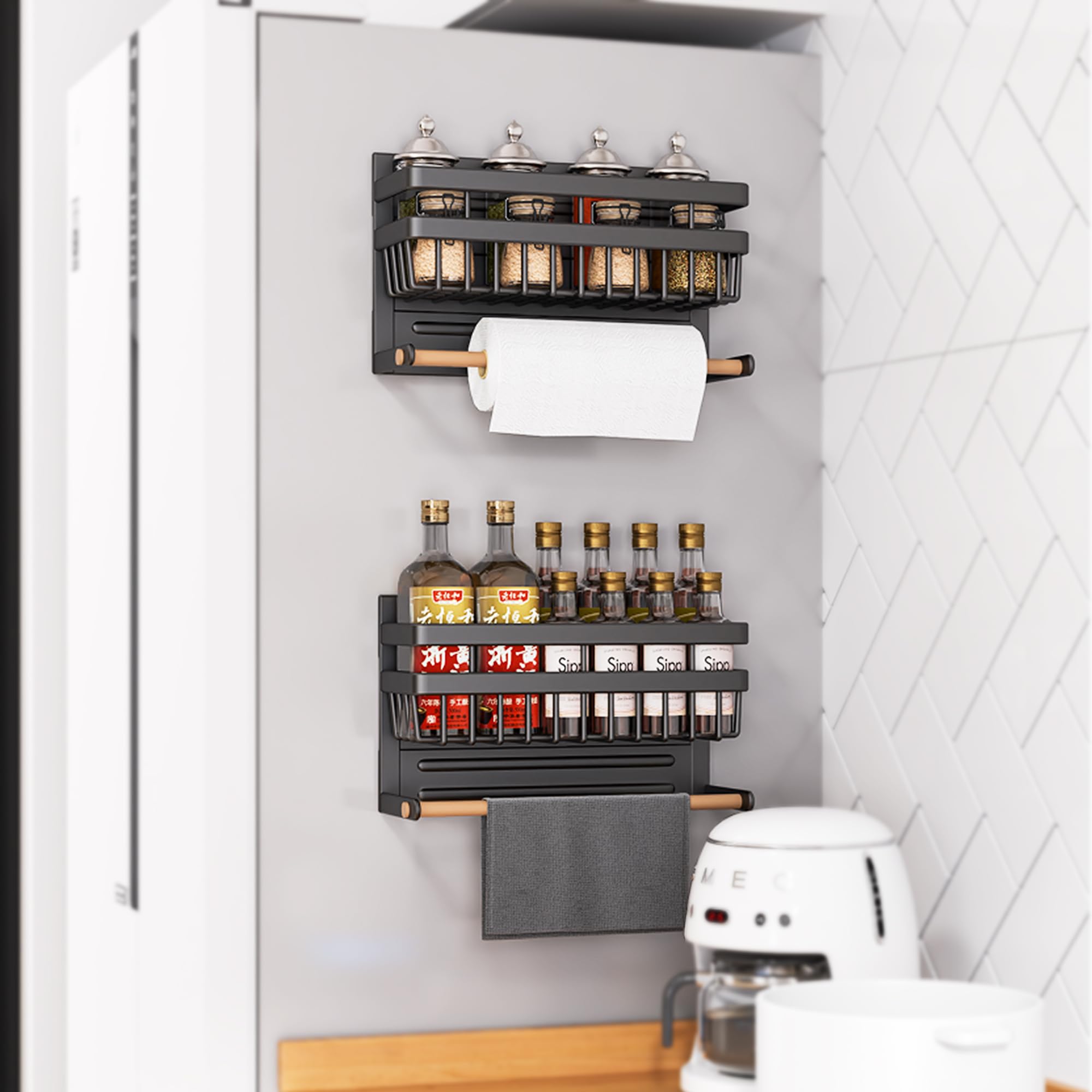 Sleclean Magnetic Spice Rack Organizer for Refrigerator, 2 Pack, Paper Towel Holder Magnetic, Kitchen Magnetic Shelf,11.8"x4.5"x6.3",Black