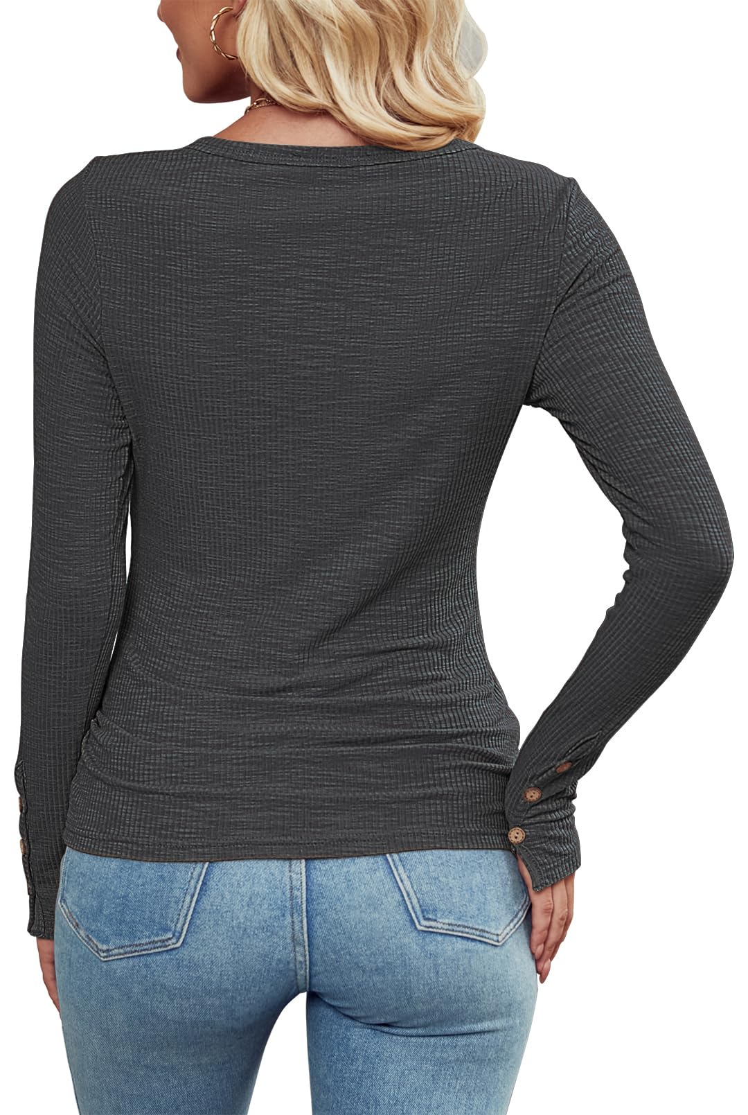 Hount Womens Fall Tops Long Sleeve 2023 Slim Fit Button Down Ribbed Knit Henley T Shirts Blouse Dark Grey M