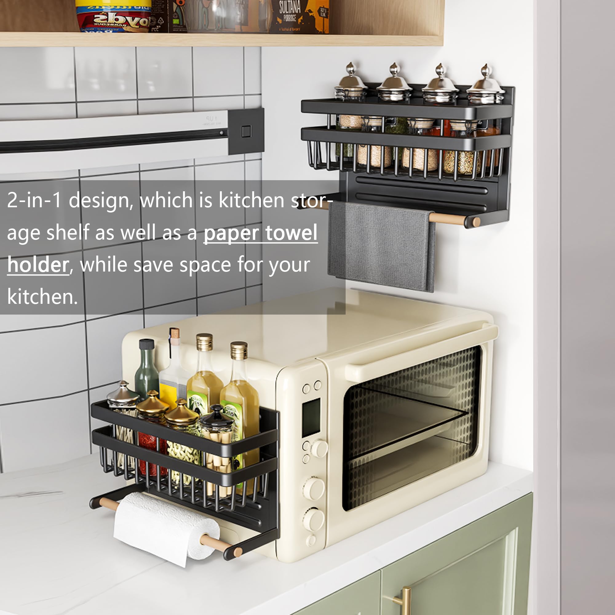 Sleclean Magnetic Spice Rack Organizer for Refrigerator, 2 Pack, Paper Towel Holder Magnetic, Kitchen Magnetic Shelf,11.8"x4.5"x6.3",Black