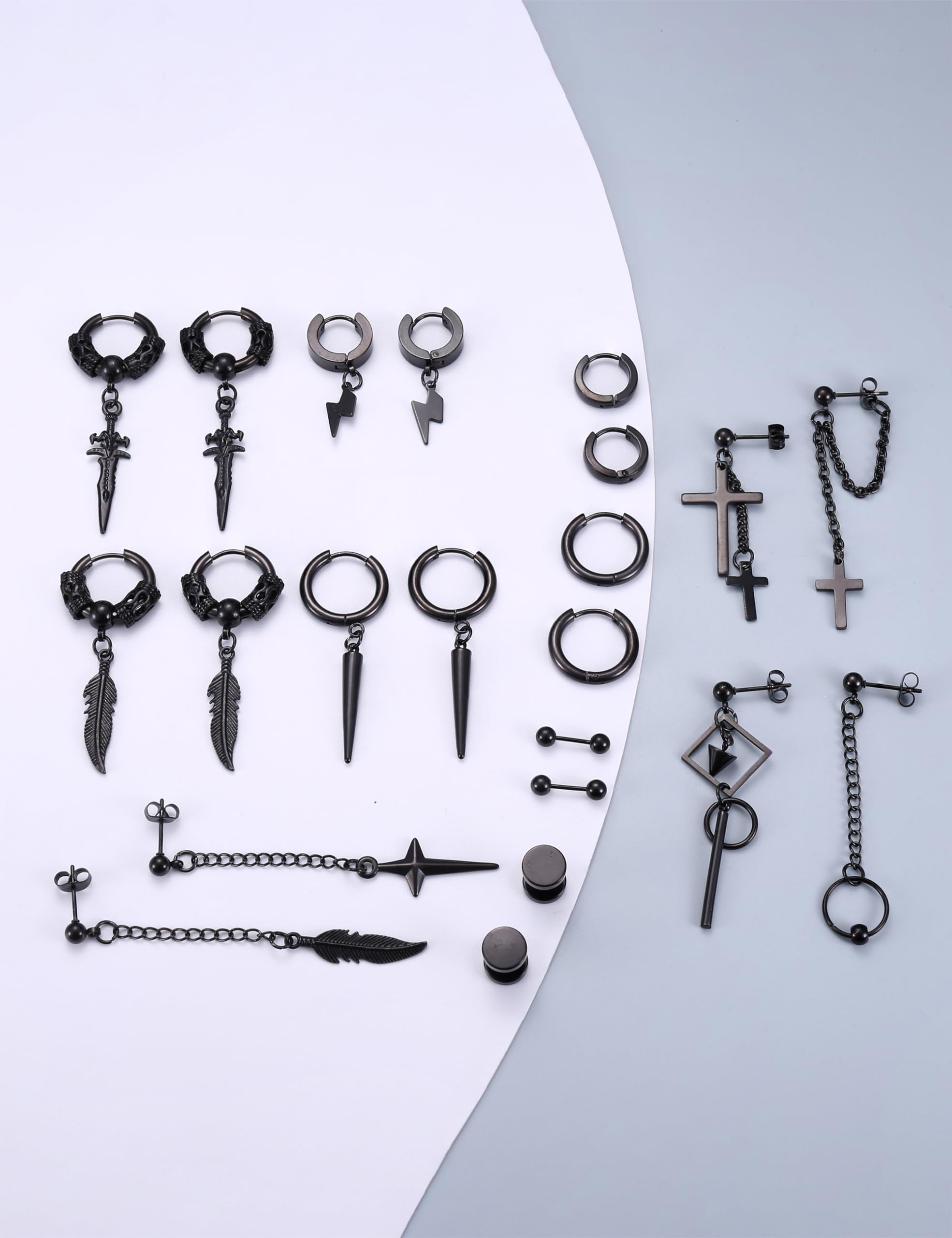 Fiasaso 22Pcs Dangle Earrings for Men Stainless Steel Hinged Hoop Earrings Long Chain Stud Cross Dangle Earrings Set Kpop Earrings for Mens Black