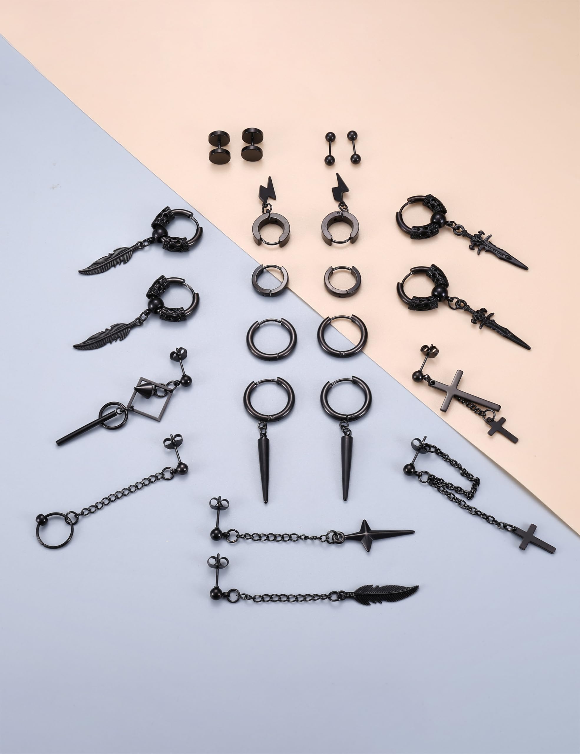 Fiasaso 22Pcs Dangle Earrings for Men Stainless Steel Hinged Hoop Earrings Long Chain Stud Cross Dangle Earrings Set Kpop Earrings for Mens Black
