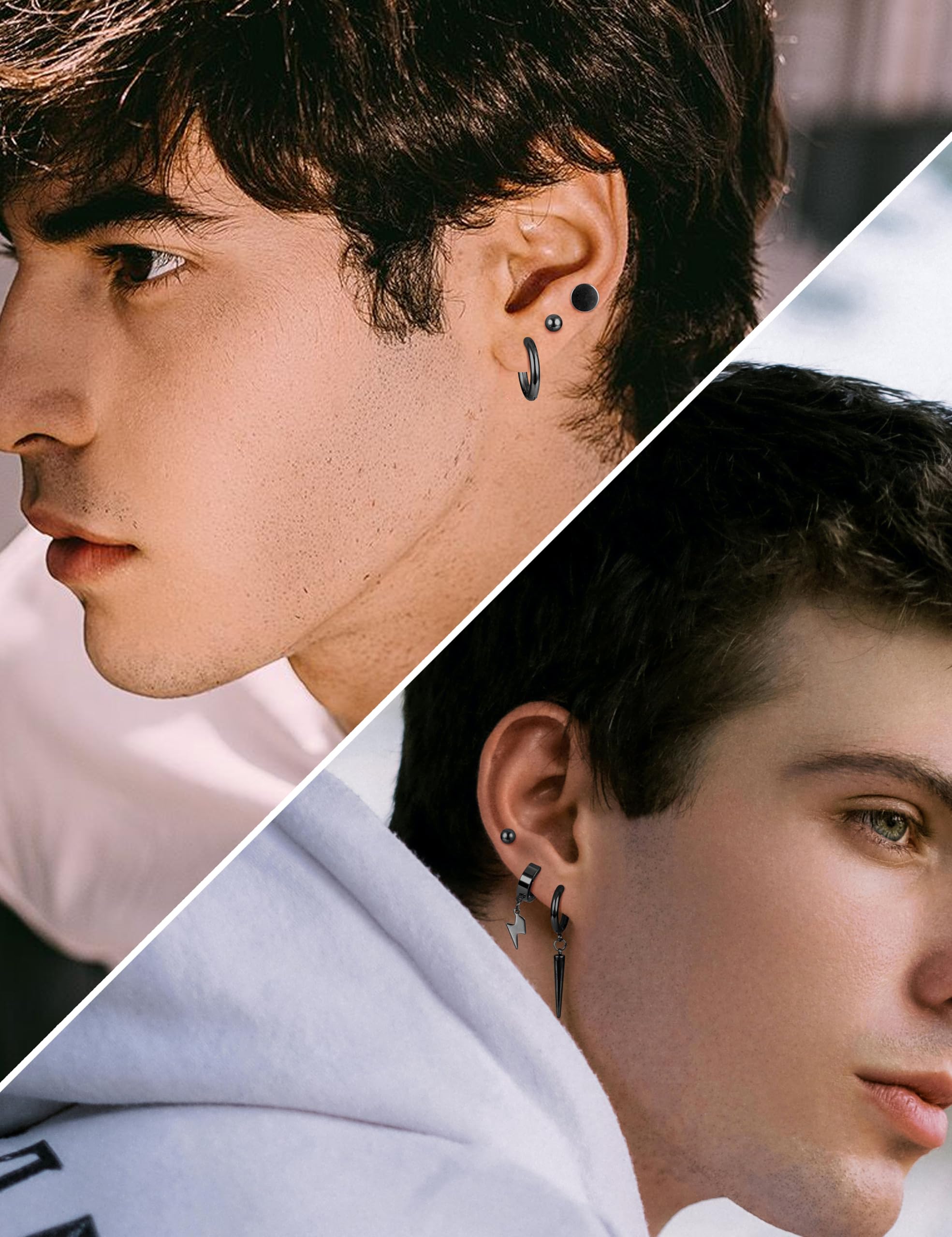 Fiasaso 22Pcs Dangle Earrings for Men Stainless Steel Hinged Hoop Earrings Long Chain Stud Cross Dangle Earrings Set Kpop Earrings for Mens Black