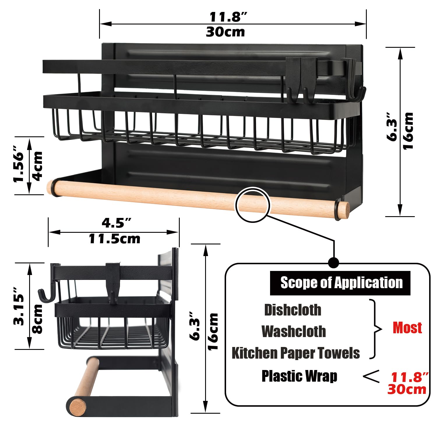 Sleclean Magnetic Spice Rack Organizer for Refrigerator, 2 Pack, Paper Towel Holder Magnetic, Kitchen Magnetic Shelf,11.8"x4.5"x6.3",Black