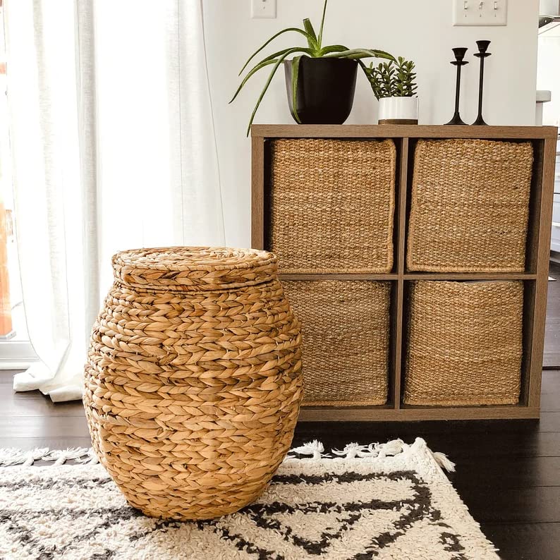 Large Wicker Storage Baskets, Natural Multipurpose Barrel Storage Tub with Lid, Woven Water Hyacinth Storage for Organizing in any Room