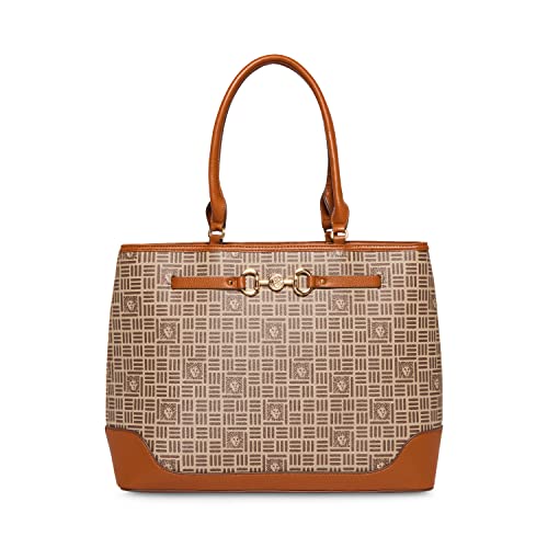 Anne Klein Large Horsebit Tote in Tile Lion Logo, Cream-Brown/Saddle