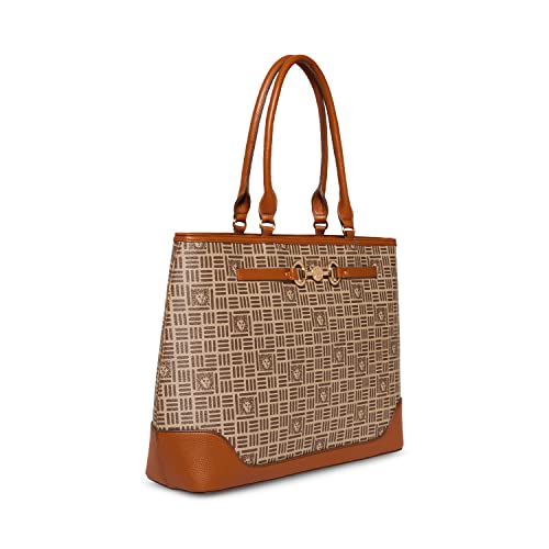 Anne Klein Large Horsebit Tote in Tile Lion Logo, Cream-Brown/Saddle