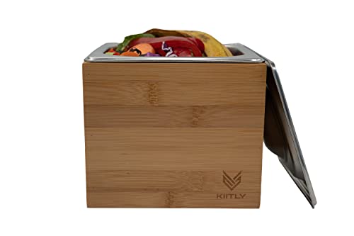 KIITLY | Countertop Compost Bin for Kitchen - Indoor Composter with Lid | Smell Proof, Odorless, and Stainless Steel Food Scrap Container with Wood Box (Bamboo, Small)