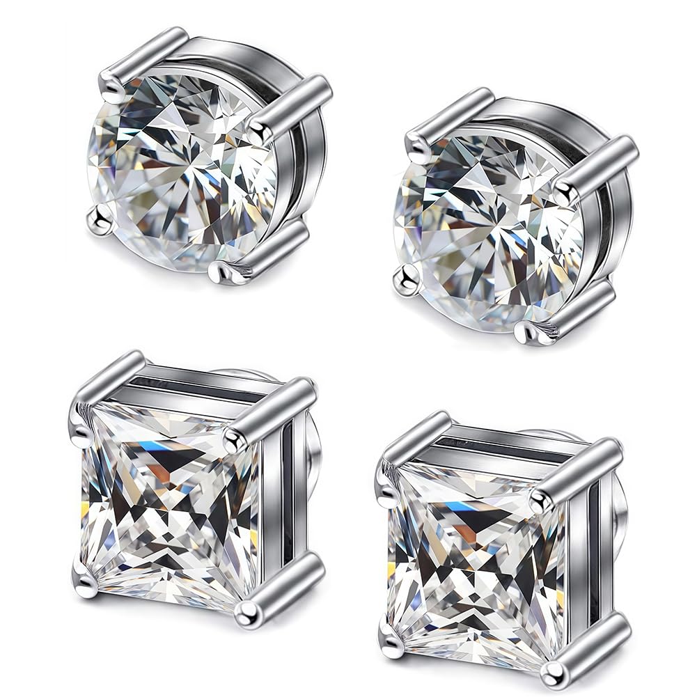 ADAIER 2 Pairs Stainless Steel Magnetic Stud Earrings for Men Women Non-piercing CZ Hypoallergenic 8MM (SE-21) (2 pairs 6mm silver)