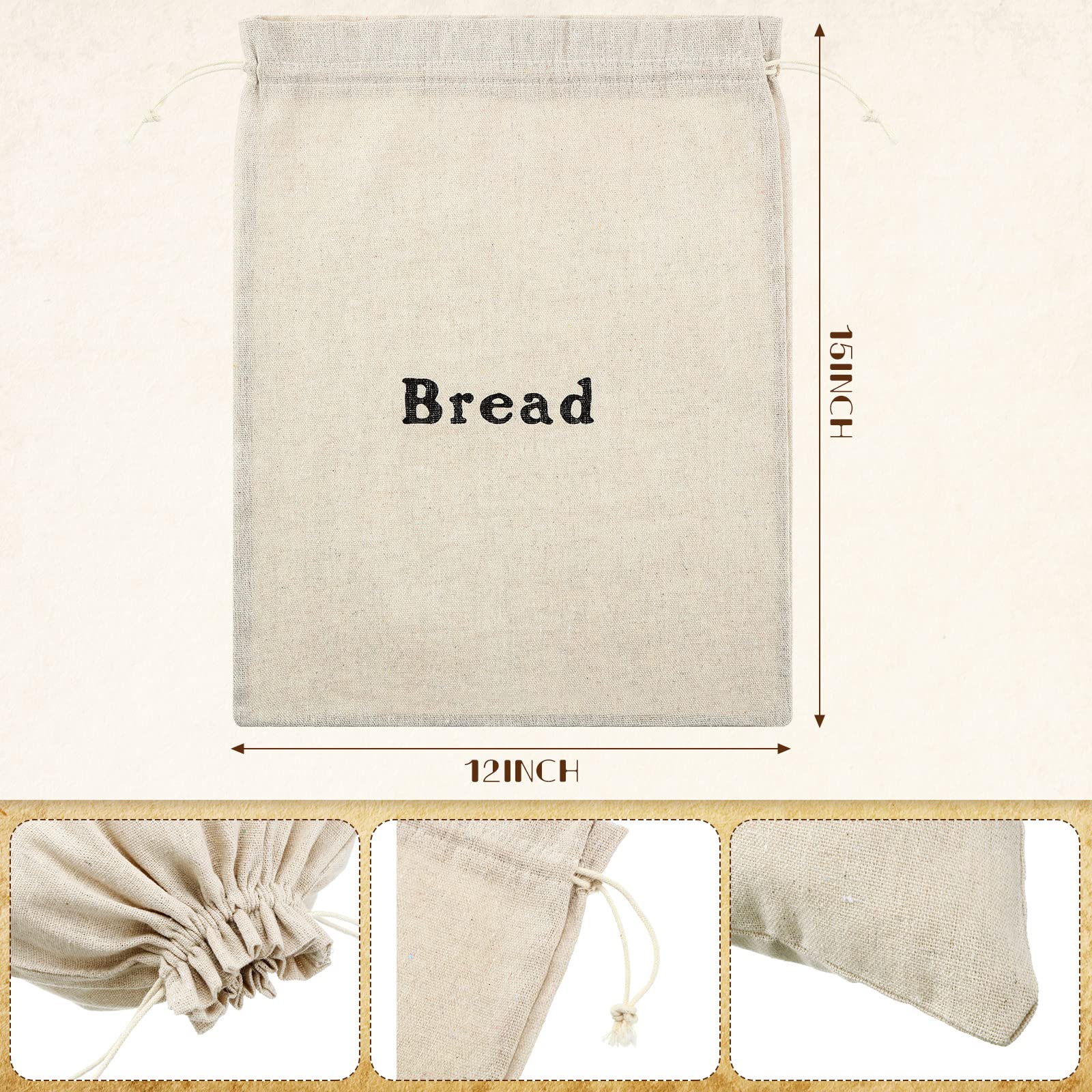 Linen Bread Bags Large Burlap Reusable Drawstring Bread Bags 12 x 15 Inch Unbleached Loaves Pastries Bags Handmade Food Storage for Bakery Picnic Wedding Wrapping Camping (3 Pieces)
