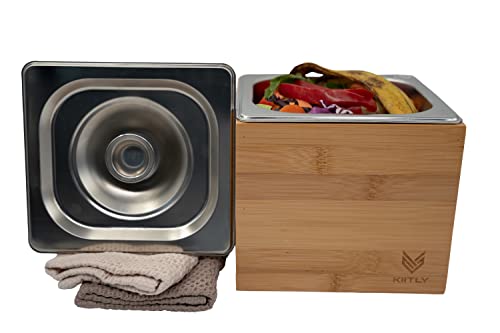 KIITLY | Countertop Compost Bin for Kitchen - Indoor Composter with Lid | Smell Proof, Odorless, and Stainless Steel Food Scrap Container with Wood Box (Bamboo, Small)