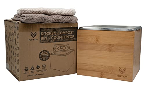 KIITLY | Countertop Compost Bin for Kitchen - Indoor Composter with Lid | Smell Proof, Odorless, and Stainless Steel Food Scrap Container with Wood Box (Bamboo, Small)