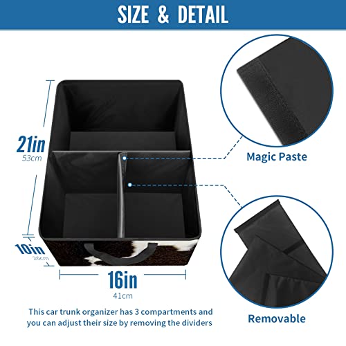 GACTIVITY Black And White Cowhide Car Trunk Organizer,Collapsible Cargo Storage Tote Bag,Non Slip,3 Divider Compartments, Automotive Interior Accessories for Auto SUV Truck Vehicle Picnic Camping