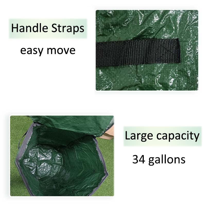 34 Gallon Garden Compost Bin Bag, Reusable Organic Fertilizer Fermented Bag with Lid,Collapsible Leaf Lawn Bags Gardening Container (Green)
