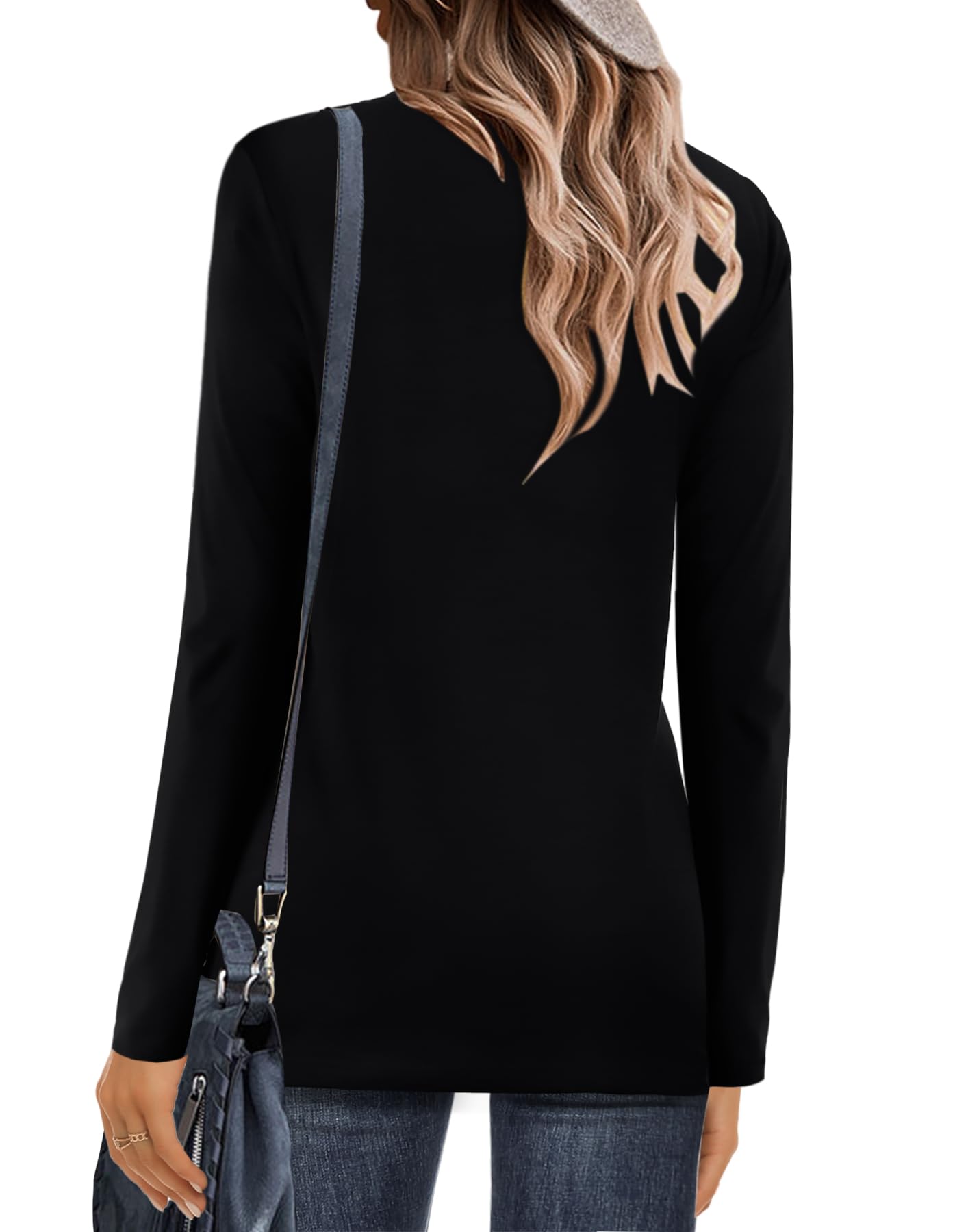 Elesomo Women Long Sleeve T Shirts Casual Fitted Crewneck Cotton Tee Tops, Black L