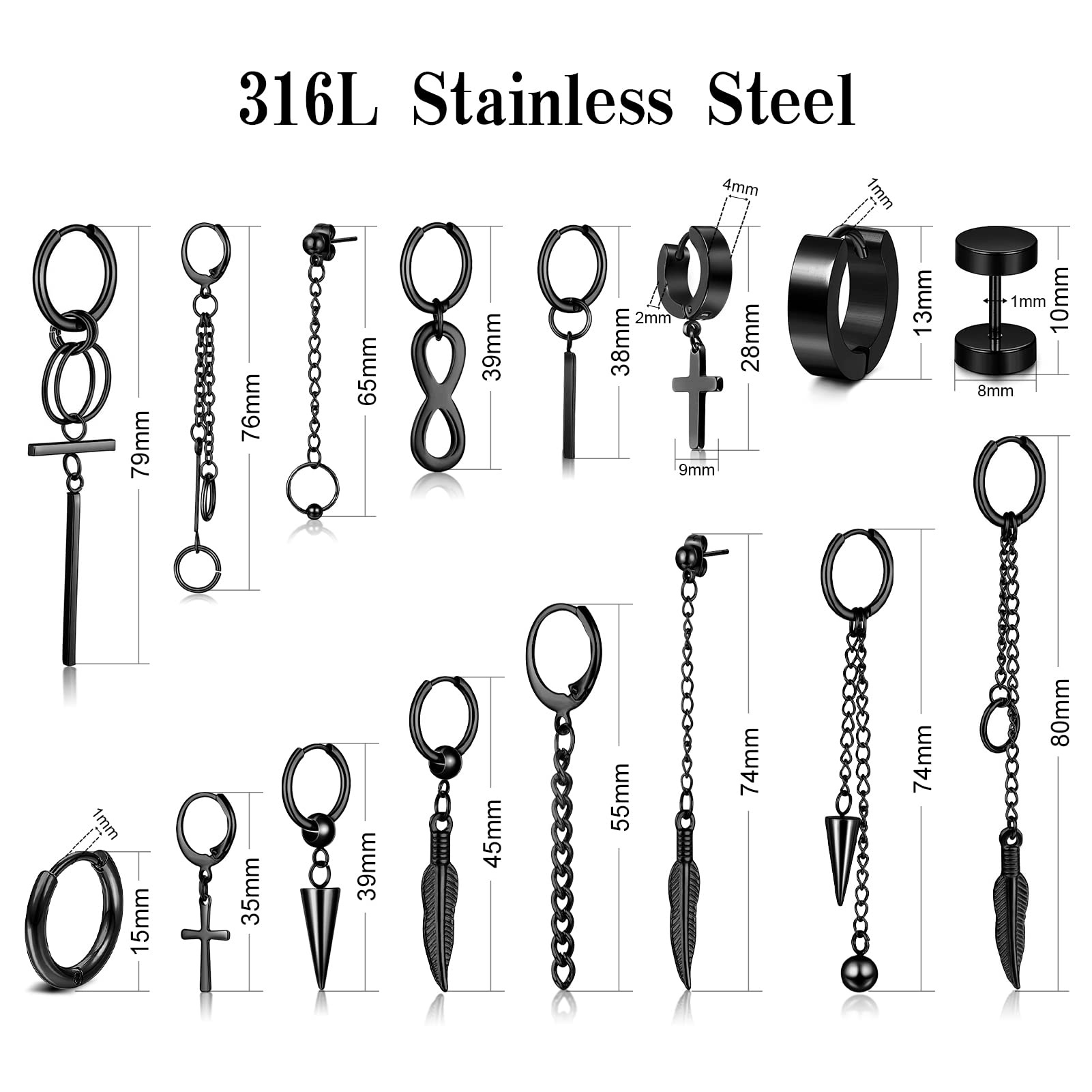 FIFATA Cross Dangle Earrings for Men 20 Pieces, Stainless Steel Stud Hinged Hoop Earrings, Long Chain Kpop Earrings for Women, Black and Silver