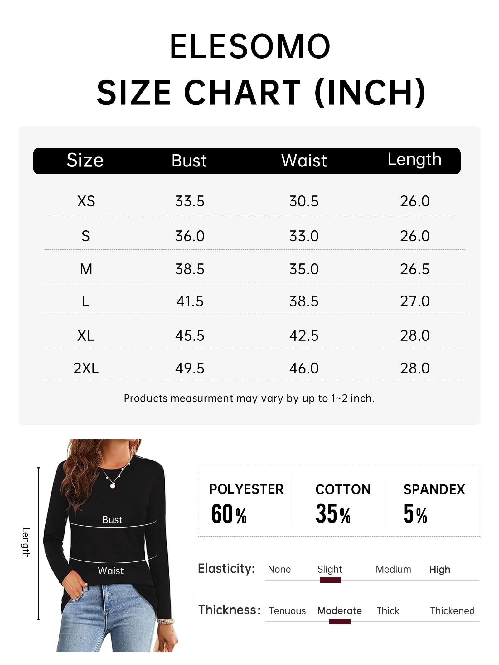 Elesomo Women Long Sleeve T Shirts Casual Fitted Crewneck Cotton Tee Tops, Black L