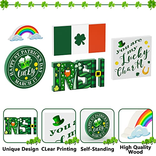 St. Patrick's Day Tiered Tray Decor, 5 Pcs Shamrock Wooden Signs Irish Rainbow Table Signs for Farmhouse St. Patricks Day Decorations