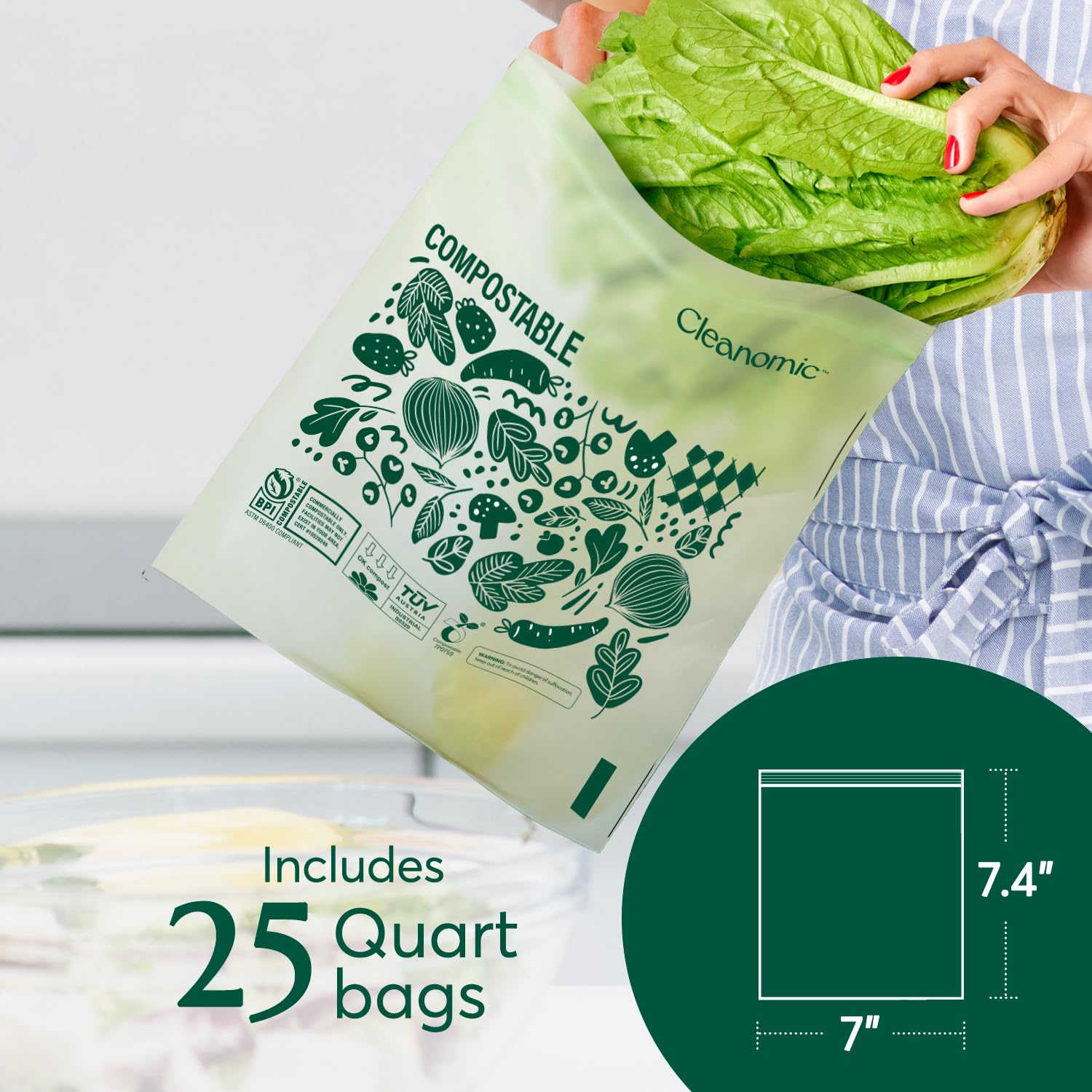 Cleanomic Compostable* Food Storage Bag Bundle – 1 Box Each of 25 Zip Quart Bags, 25 Zip Sandwich Bags, 50 Zip Snack Bags, and 25 13-Gallon Kitchen Waste Bags