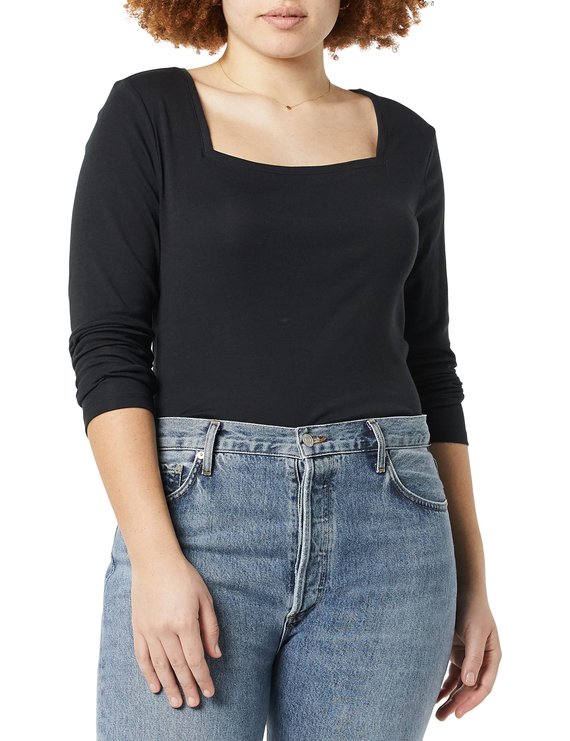 Amazon Essentials Women's Slim-Fit Long Sleeve Square Neck T-Shirt, Black, Medium