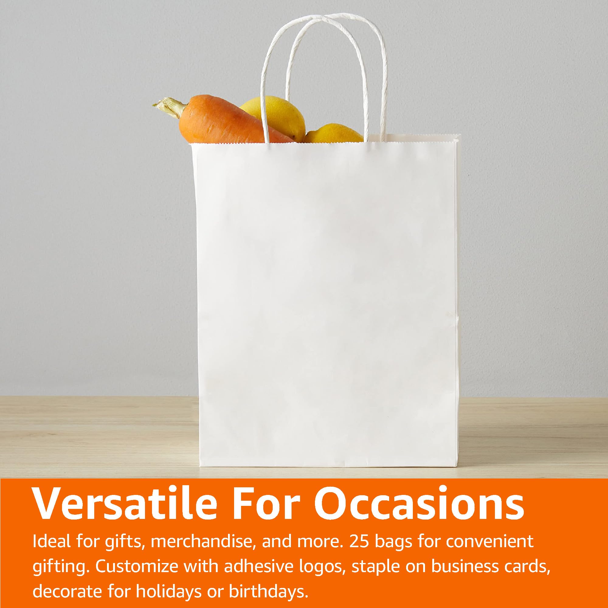 Amazon Basics Kraft Paper Bags with Handles 8x4.75x10 White, 25pack