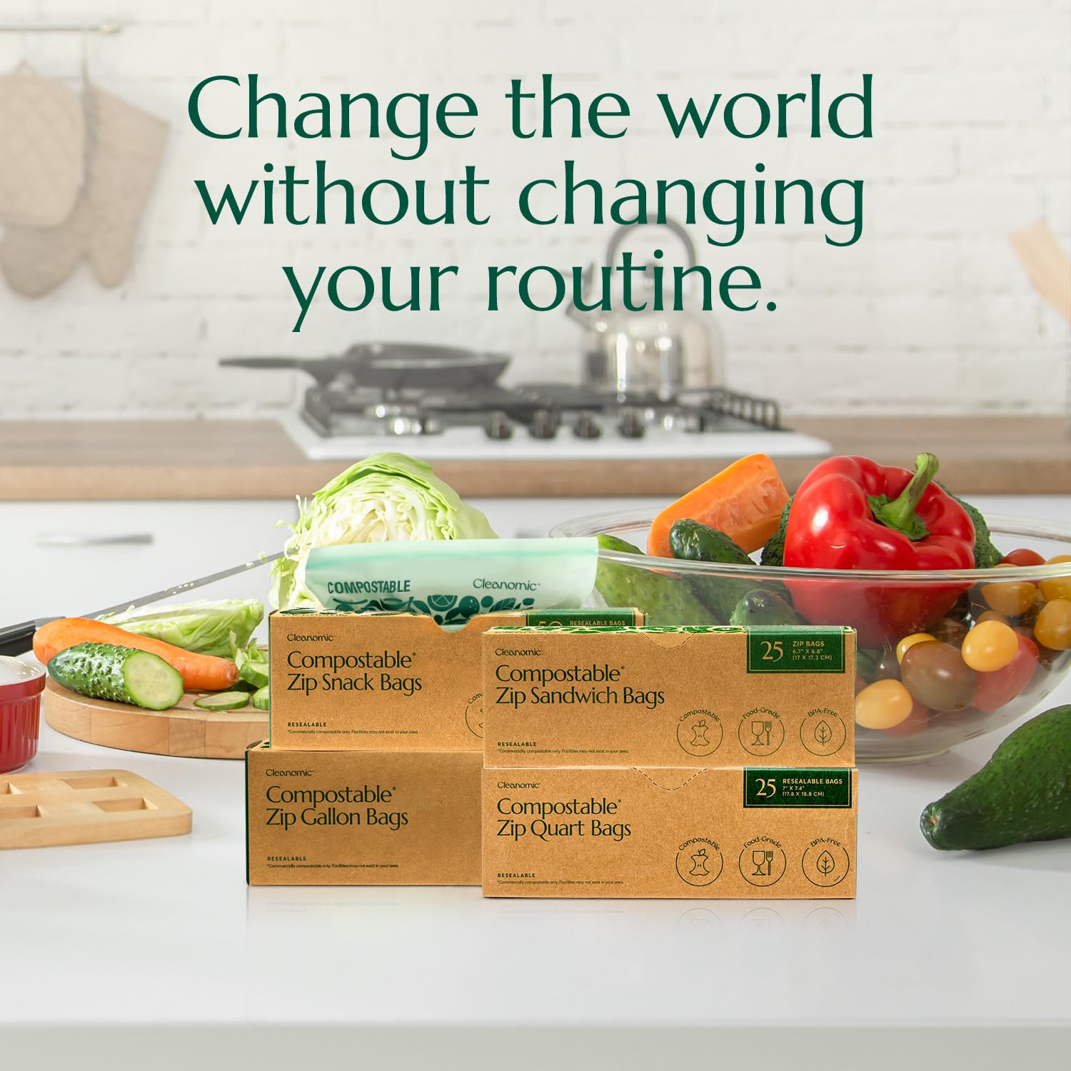 Cleanomic Compostable* Food Storage Bag Bundle – 1 Box Each of 25 Zip Quart Bags, 25 Zip Sandwich Bags, 50 Zip Snack Bags, and 25 13-Gallon Kitchen Waste Bags