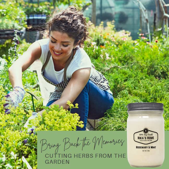 Nika's Home Rosemary Mint Soy Candle 12oz Mason Jar Non-Toxic White Soy Candle Handmade, Long Burning 50-60 Hours Highly Scented All Natural, Clean Burning Large Candle Gift Décor