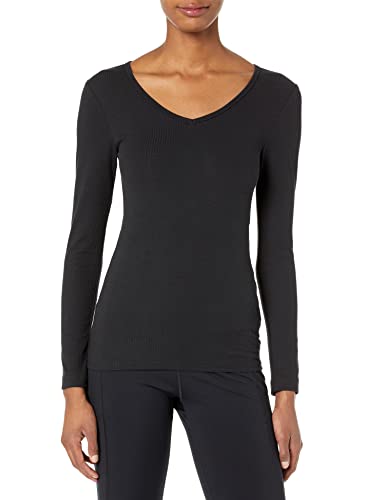 Amazon Essentials Women's Fitted Long Sleeve Shirt, Slim-Fit - Layering Knit Rib V-Neck (Plus Size Available), Pack of 2, Black, Large