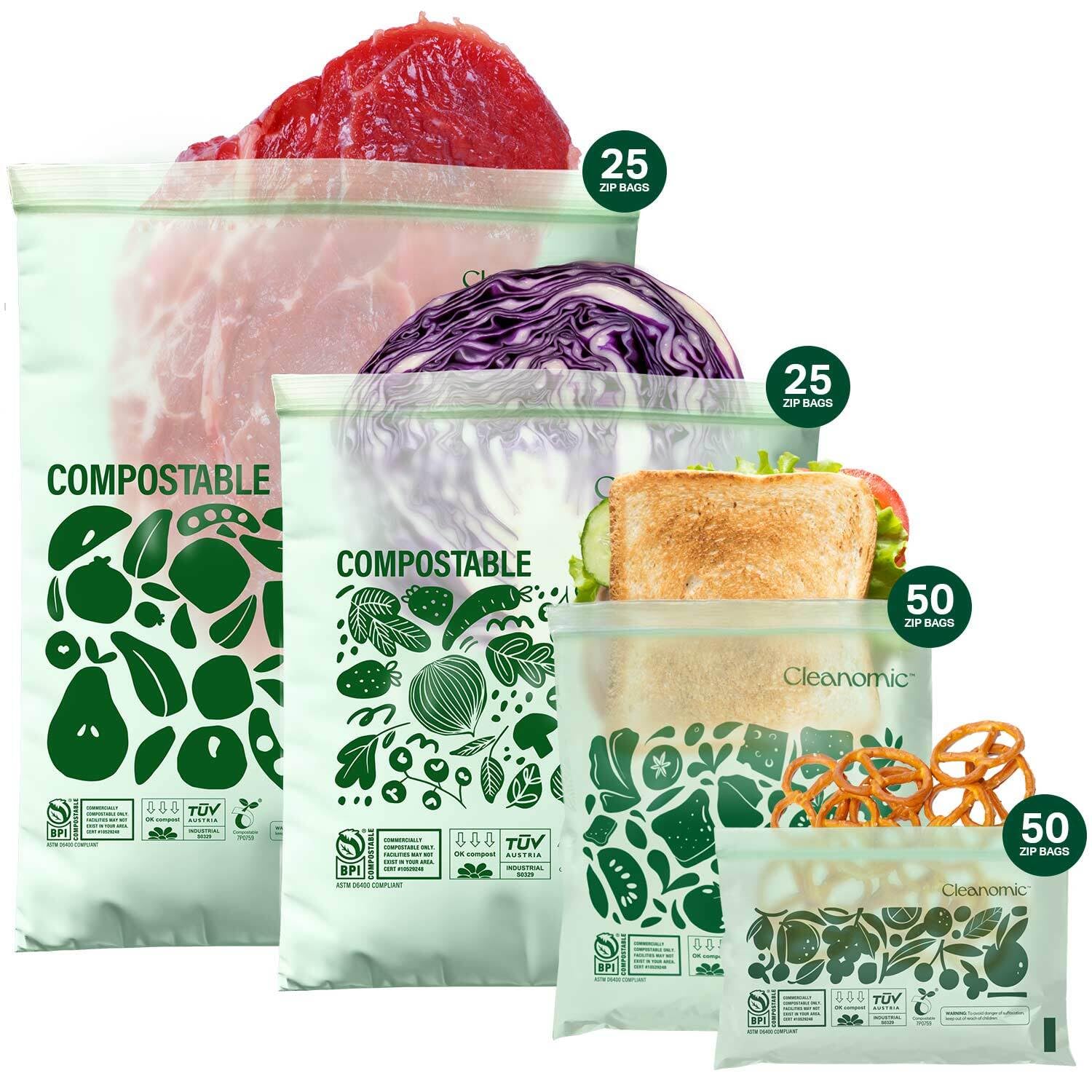 Cleanomic Compostable* Food Storage Bag Bundle – 1 Box Each of 25 Zip Quart Bags, 25 Zip Sandwich Bags, 50 Zip Snack Bags, and 25 13-Gallon Kitchen Waste Bags