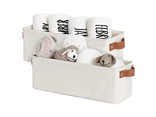 StorageWorks Narrow Storage Bins, Small Baskets for Organizing, Long Storage Basket with Handles, Fabric Storage Bins for Shelf, Beige, 2-Pack