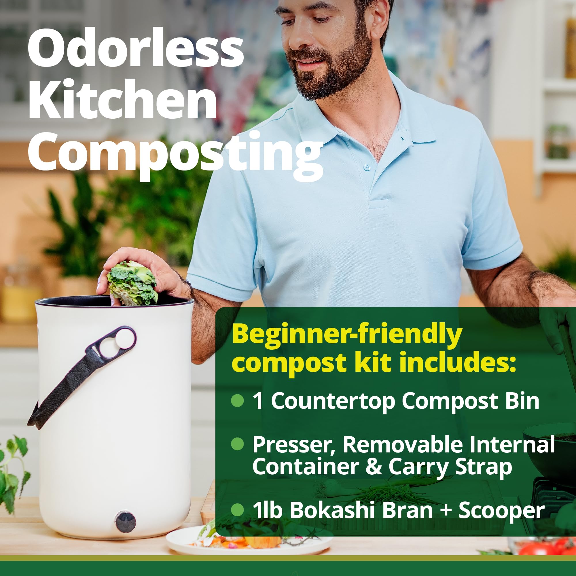 TeraGanix Bokashi Compost Bin + 1 Lb Bokashi Bran, Kitchen Countertop Composter, All Season Indoor Composting, Easily Drain Liquids, Odor Free, Airtight Lid, 2.5 Gallon, Olive