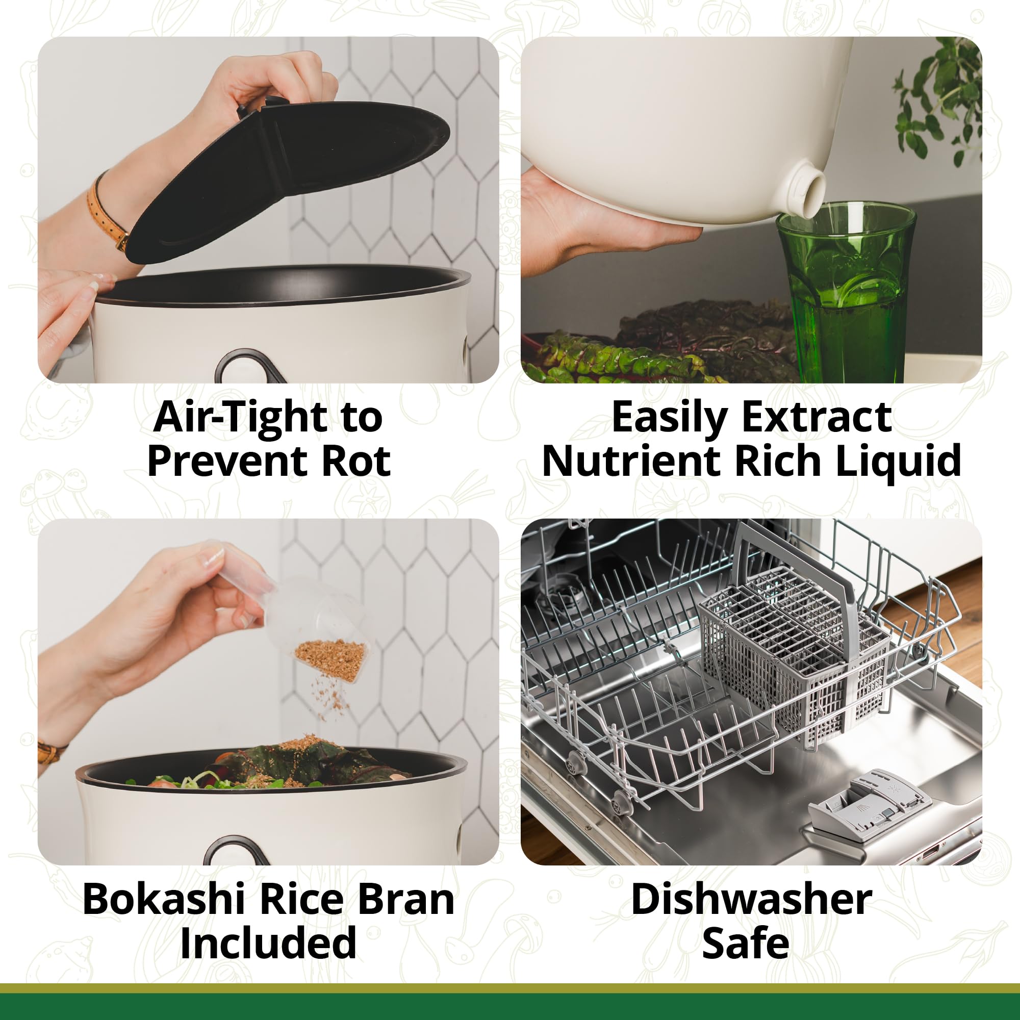 TeraGanix Bokashi Compost Bin + 1 Lb Bokashi Bran, Kitchen Countertop Composter, All Season Indoor Composting, Easily Drain Liquids, Odor Free, Airtight Lid, 2.5 Gallon, Olive