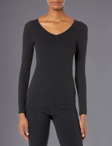 Amazon Essentials Women's Fitted Long Sleeve Shirt, Slim-Fit - Layering Knit Rib V-Neck (Plus Size Available), Pack of 2, Black, Large