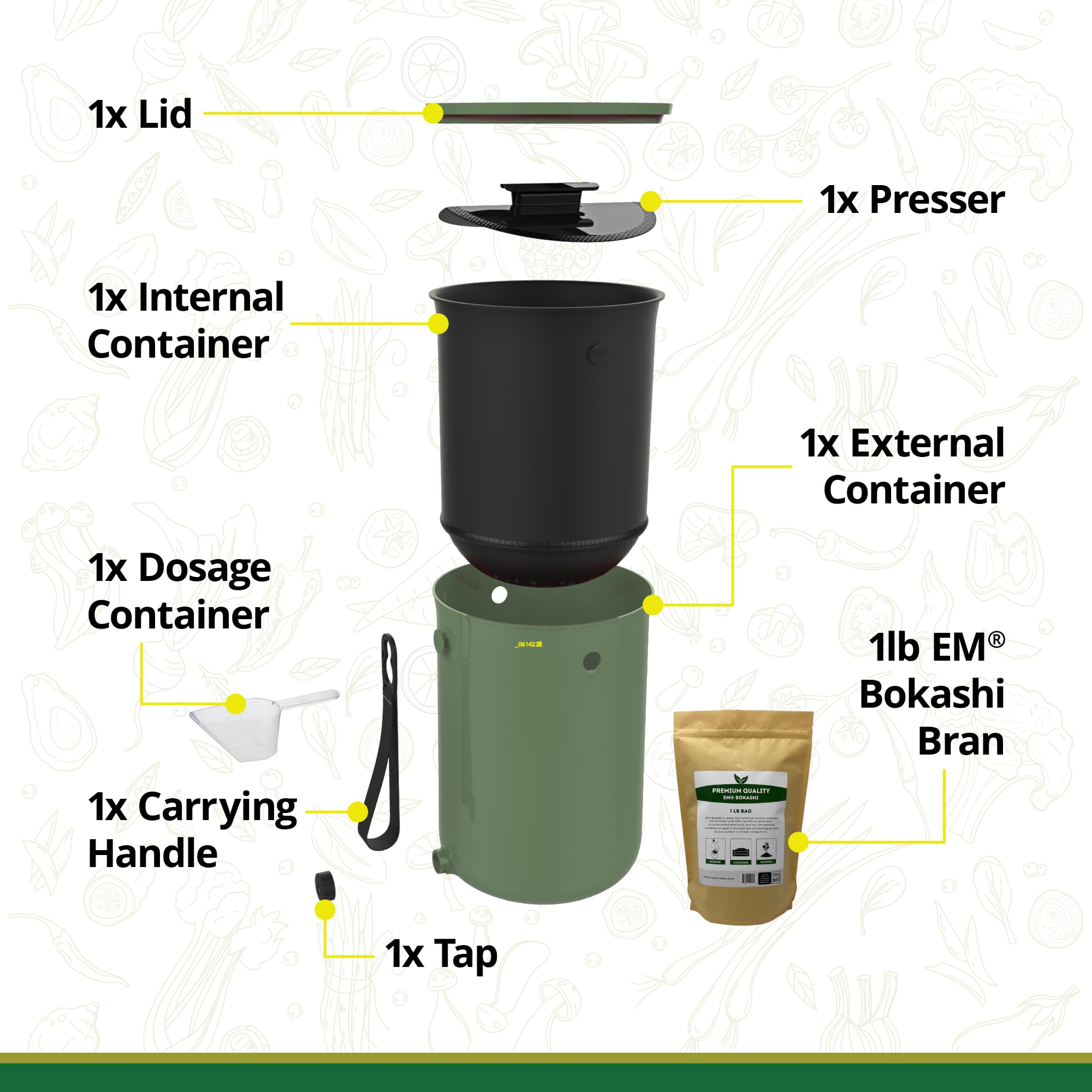 TeraGanix Bokashi Compost Bin + 1 Lb Bokashi Bran, Kitchen Countertop Composter, All Season Indoor Composting, Easily Drain Liquids, Odor Free, Airtight Lid, 2.5 Gallon, Olive
