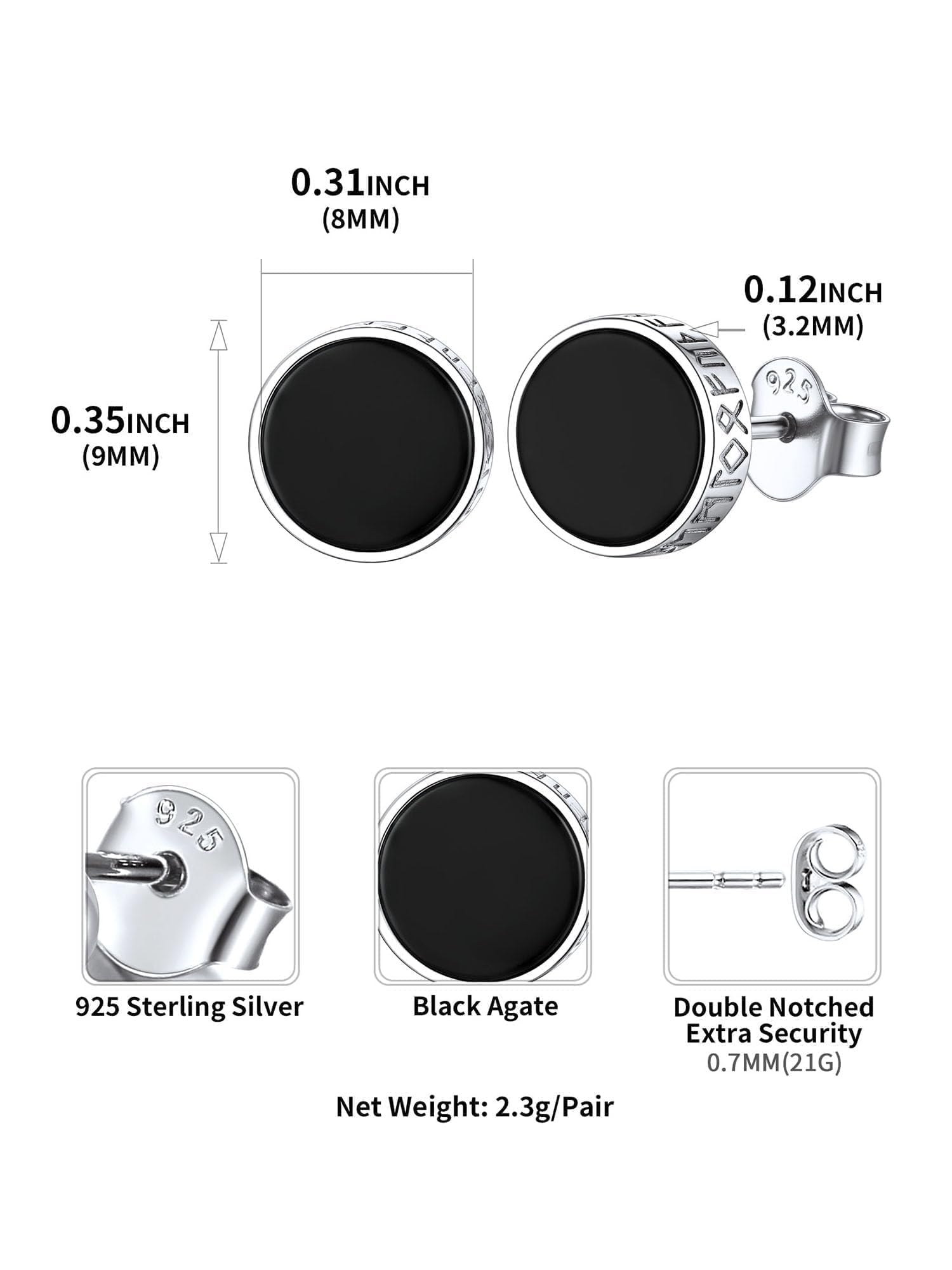 ChicSilver Mens Earrings 925 Sterling Silver Round Black Onyx Earrings with Viking Rune Black Earrings for Men Hypoallergenic Christmas Studs for Men