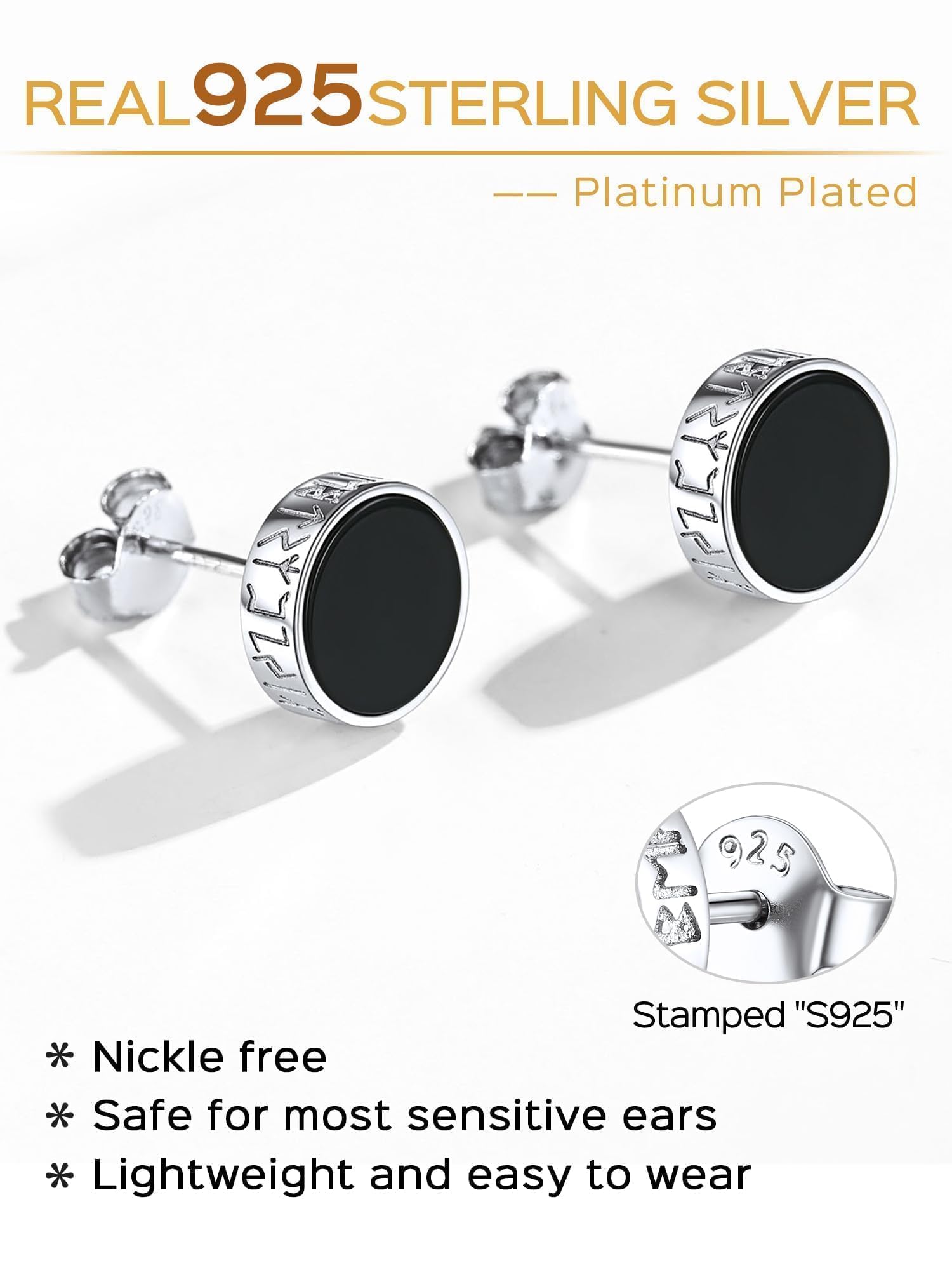 ChicSilver Mens Earrings 925 Sterling Silver Round Black Onyx Earrings with Viking Rune Black Earrings for Men Hypoallergenic Christmas Studs for Men