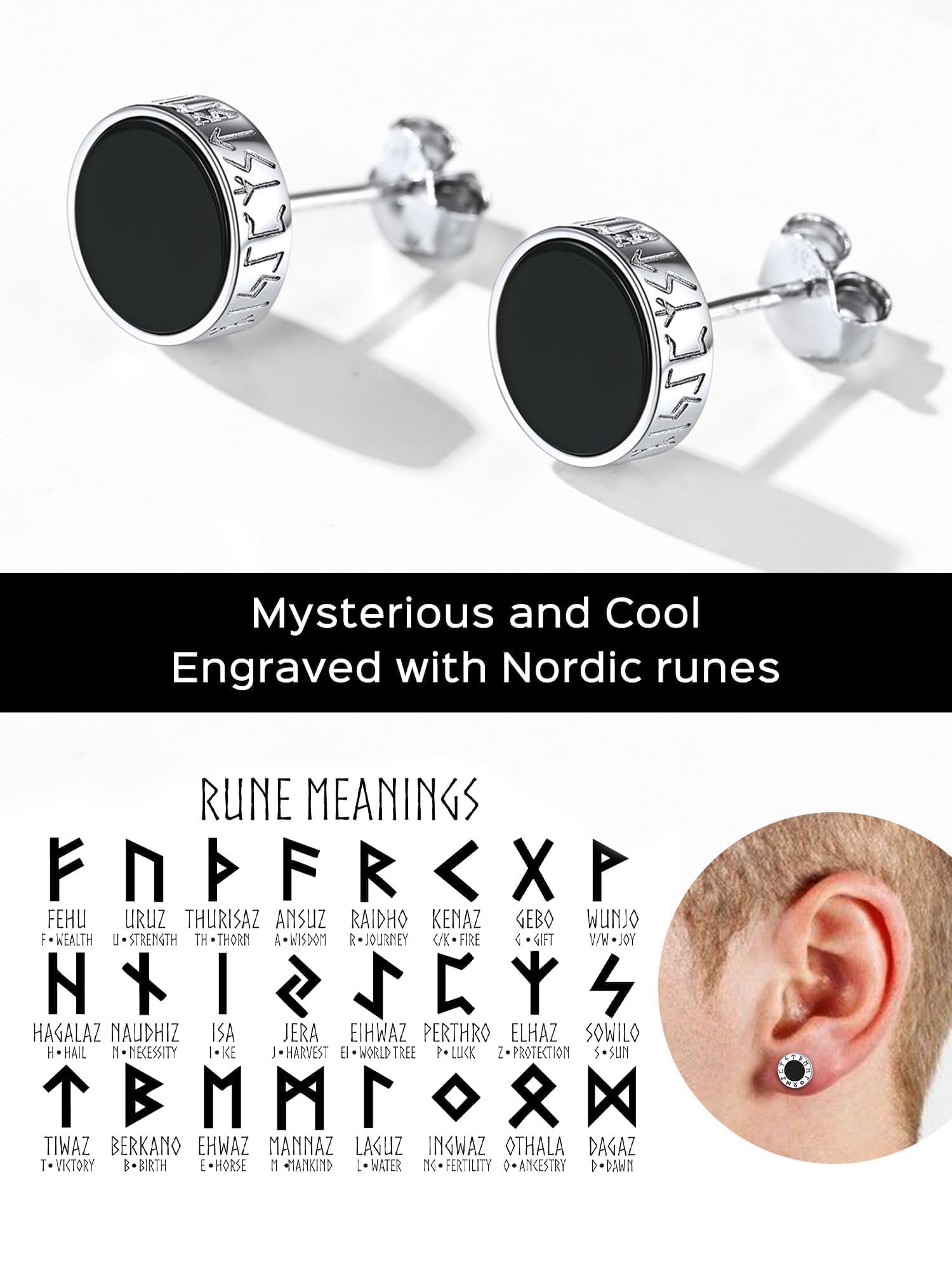 ChicSilver Mens Earrings 925 Sterling Silver Round Black Onyx Earrings with Viking Rune Black Earrings for Men Hypoallergenic Christmas Studs for Men