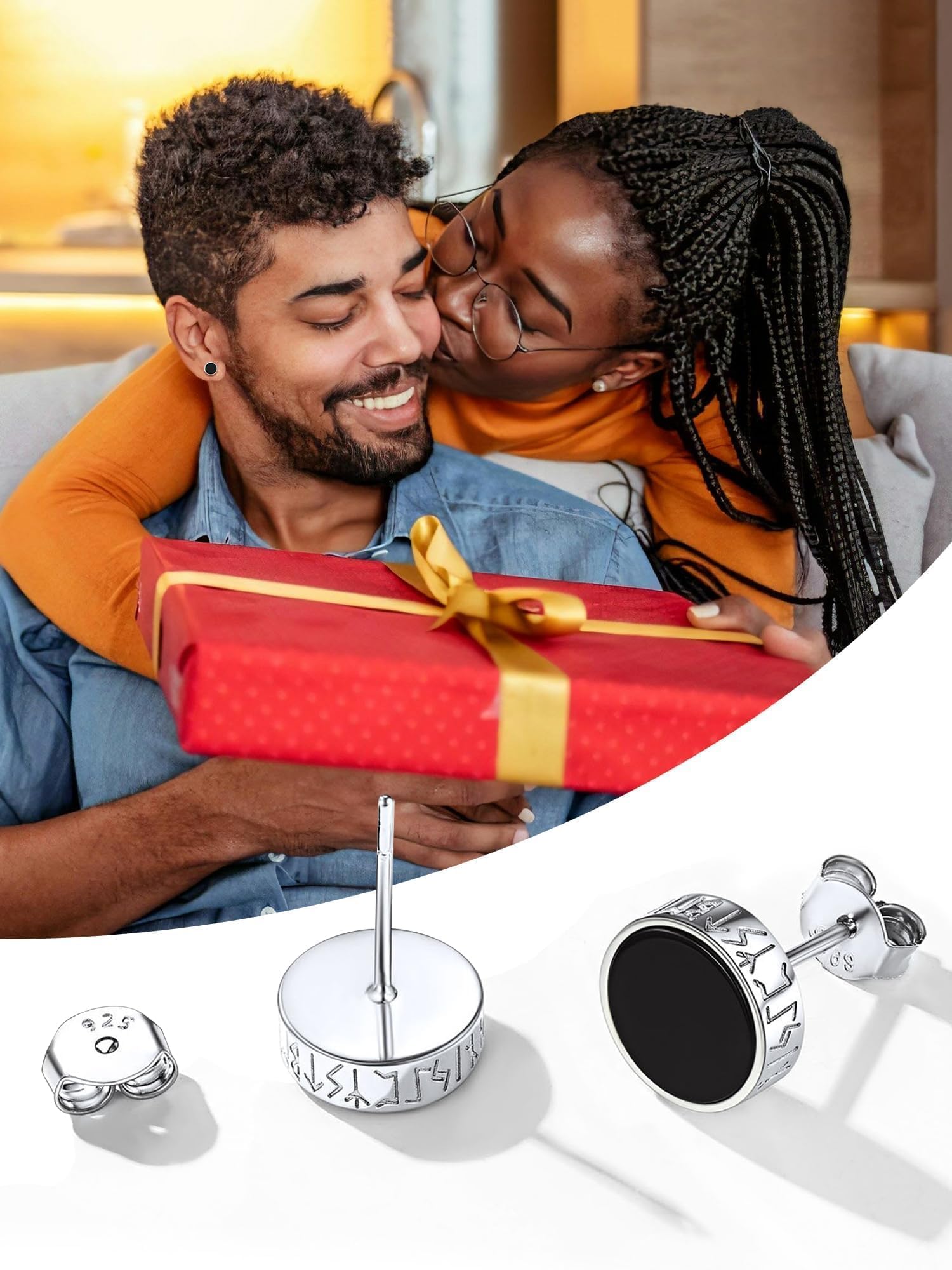 ChicSilver Mens Earrings 925 Sterling Silver Round Black Onyx Earrings with Viking Rune Black Earrings for Men Hypoallergenic Christmas Studs for Men