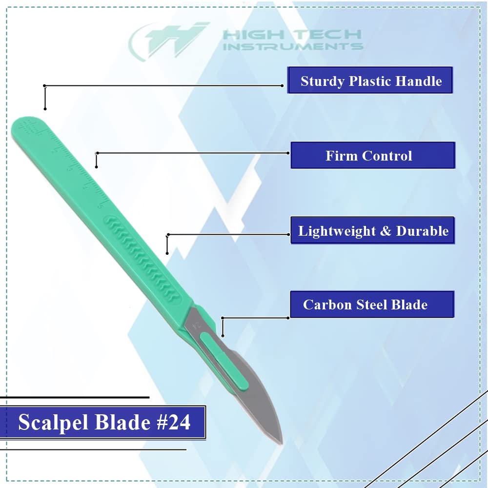 Box of 10 Disposable Surgical Sterile Scalpel Blades #24 Made of Carbon Steel with Sturdy Graduated Plastic Handle for Lab Students, Cutting, Carving, Repairing, Dermaplaning + More