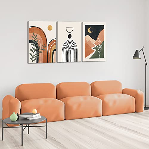 Minimalist Boho Wall Art Set of 3, Abstract Wall Art Mid-Century Modern Art Print, Neutral Geometric Canvas Artwork Posters for Living Room, Bedroom, Bathroom, Gallery, Boho Room Decor 12"x16", Framed