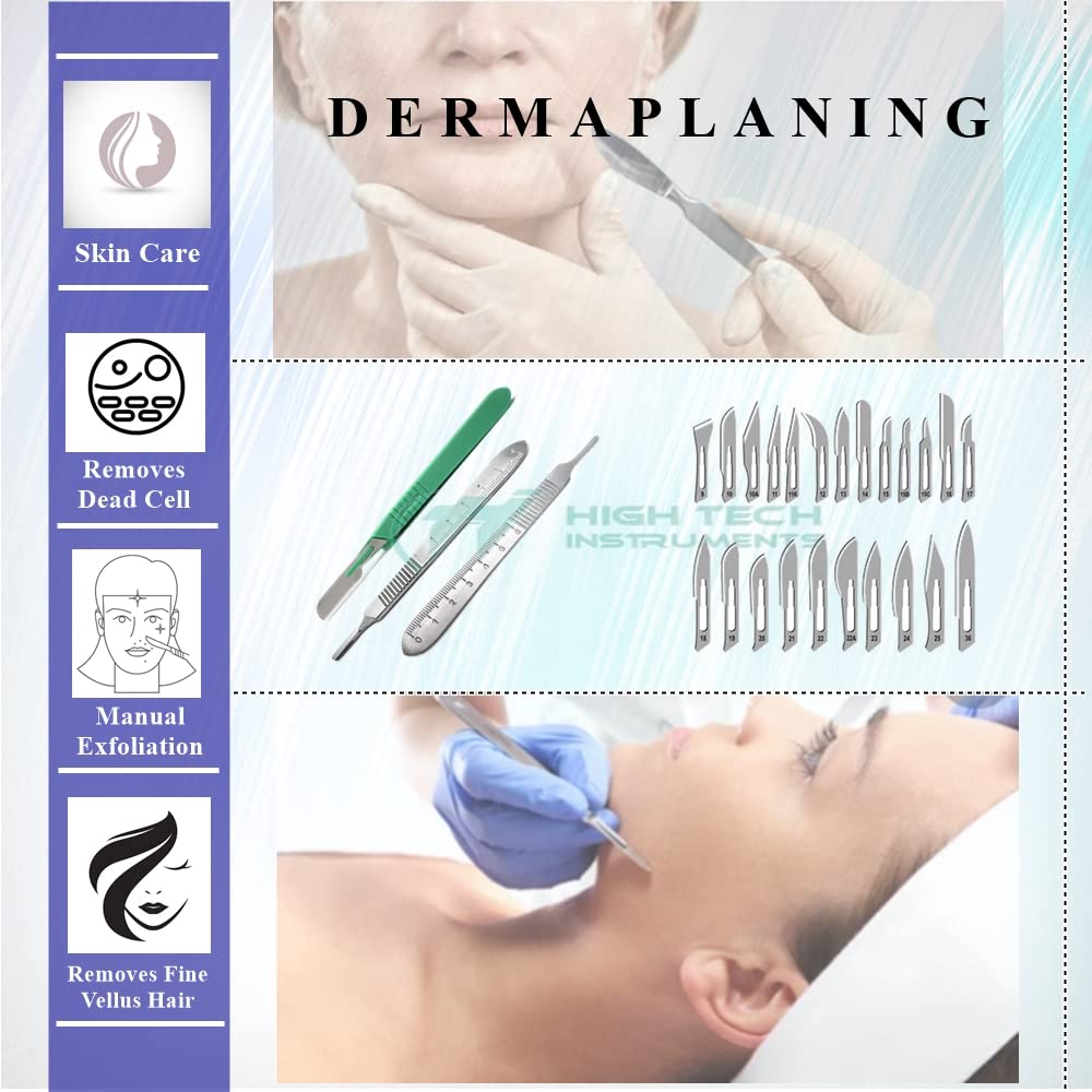 Box of 10 Disposable Surgical Sterile Scalpel Blades #24 Made of Carbon Steel with Sturdy Graduated Plastic Handle for Lab Students, Cutting, Carving, Repairing, Dermaplaning + More