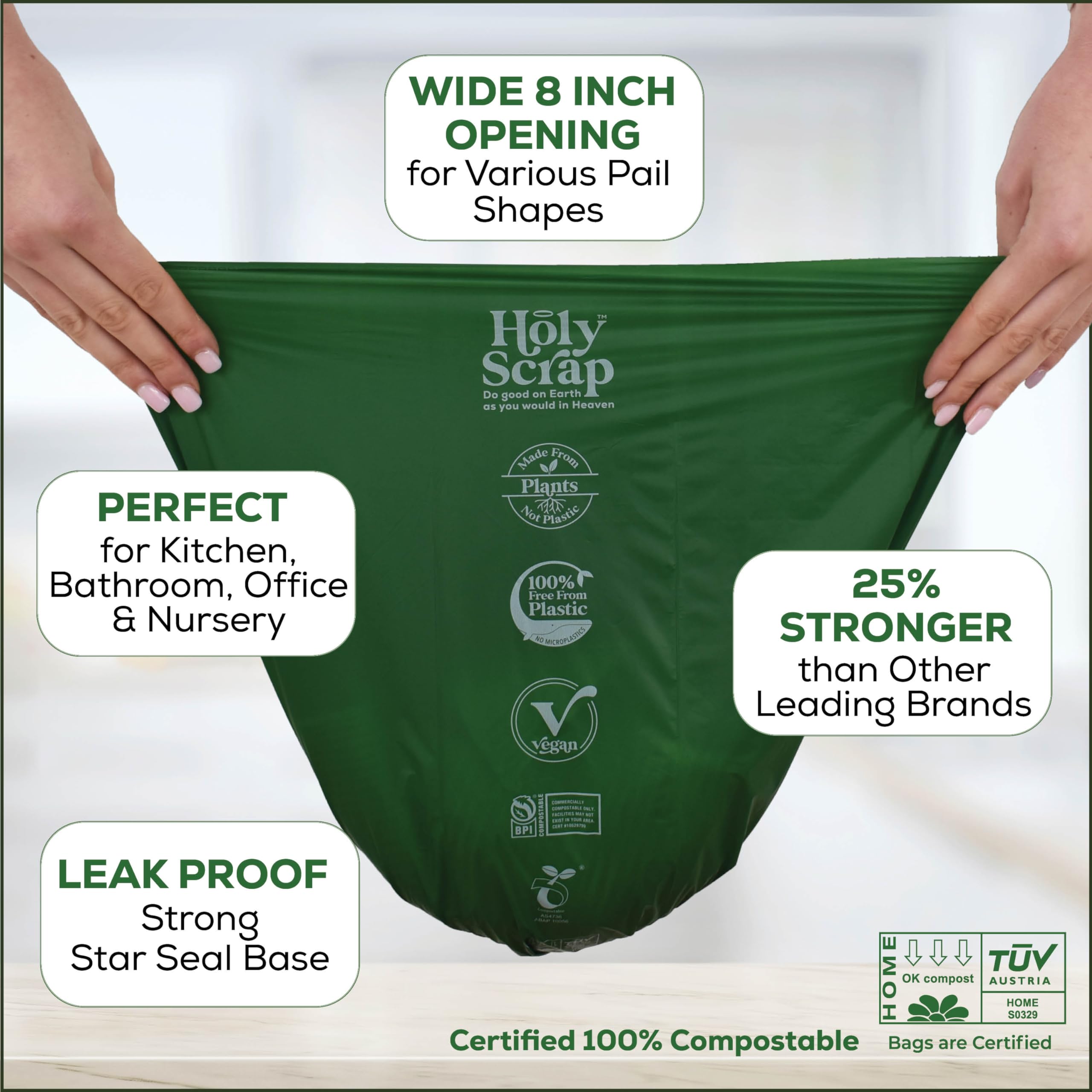 HOLY SCRAP! Small Compostable Trash Bags - 2.6 Gallon, 200 Pack, 100% Plastic-Free Decomposing Kitchen Food Waste Trash Can Bags & Liners, Thick Countertop Garbage, Bathroom & Bio Bin Bags