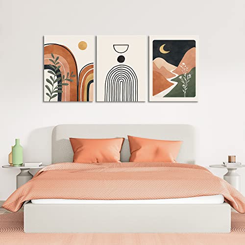 Minimalist Boho Wall Art Set of 3, Abstract Wall Art Mid-Century Modern Art Print, Neutral Geometric Canvas Artwork Posters for Living Room, Bedroom, Bathroom, Gallery, Boho Room Decor 12"x16", Framed