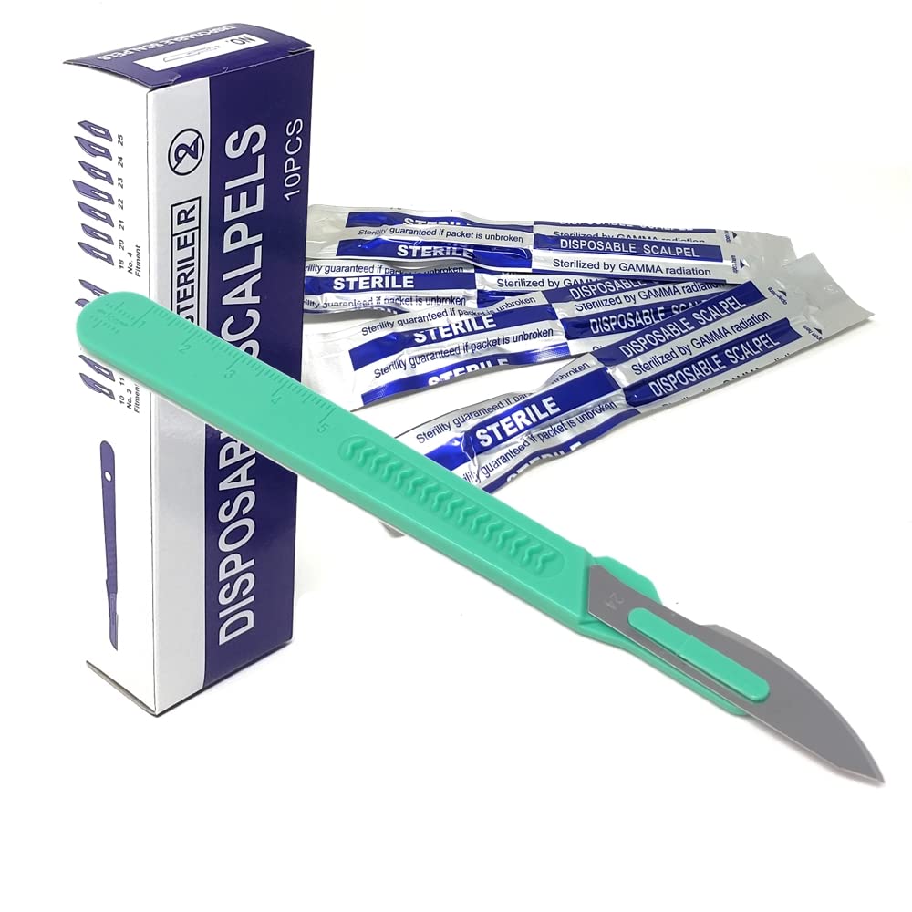 Box of 10 Disposable Surgical Sterile Scalpel Blades #24 Made of Carbon Steel with Sturdy Graduated Plastic Handle for Lab Students, Cutting, Carving, Repairing, Dermaplaning + More