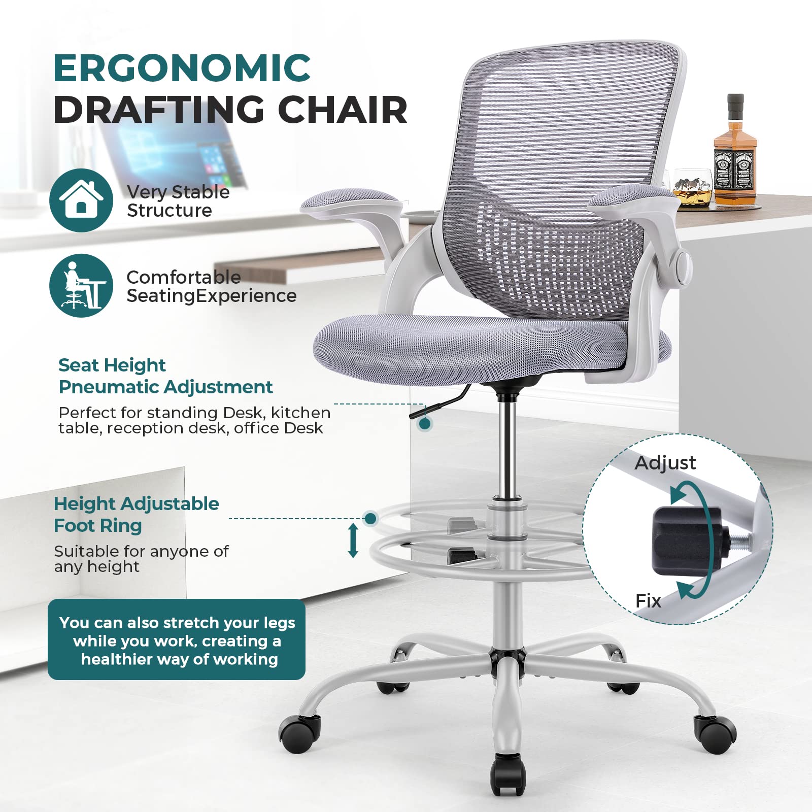 SMUG Drafting Tall Office Chair, with Footrest, Light Grey