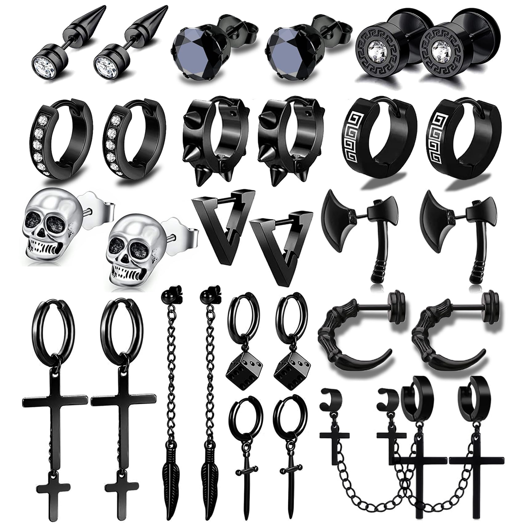 15 Pairs Earrings for Men, Fashion Earrings Kit for Men and Women Made of Stainless Steel Variety of Styles Such as Hoops, Studs, Cross Earrings Fashion Huggie for Party Birthday Prom Christmas