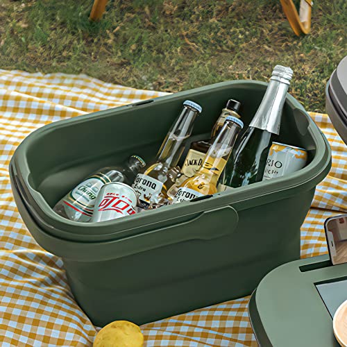 QMCAHCE Picnic Basket with Tableware and Tray Table, Foldable Basket, Collapsible Camping Basket with Handle, Portable Sink, Basin, Bucket for Hiking Yard BBQ(Green)